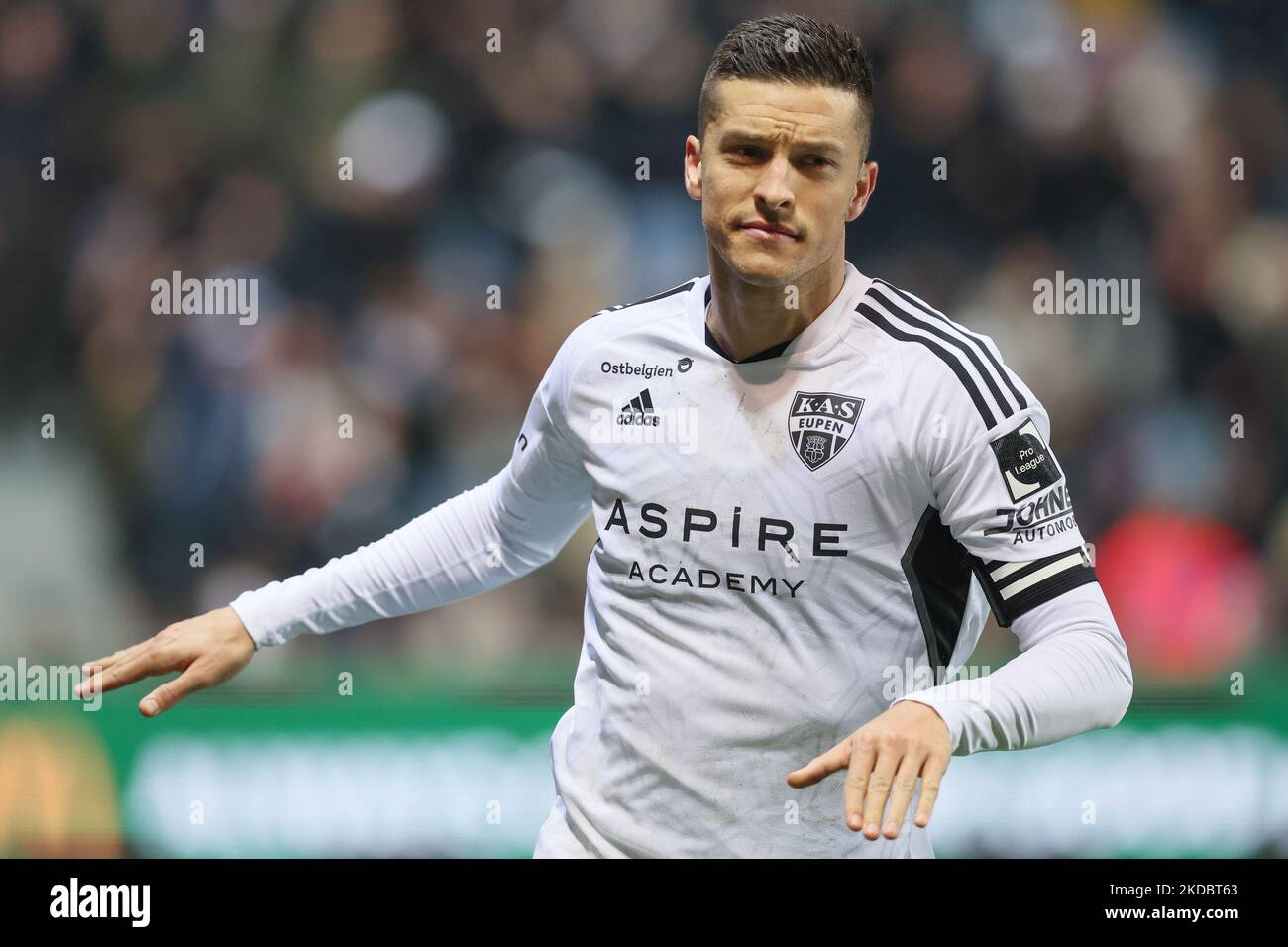 Eupen's Stef Peeters celebrates after scoring during a soccer match ...