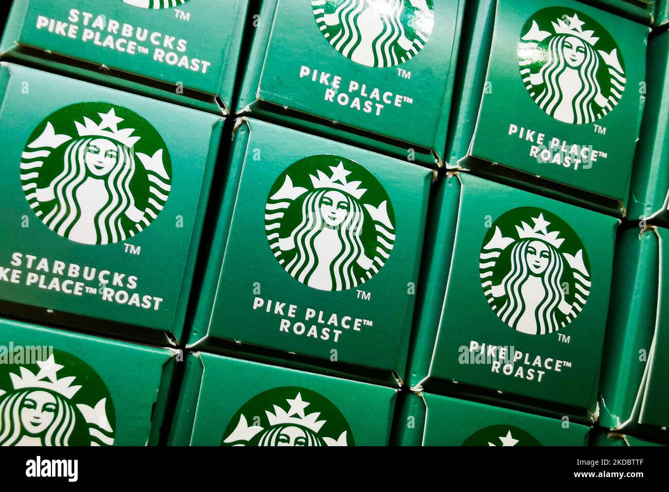 Starbucks coffee inside coffee shop at the railway station in Warsaw ...