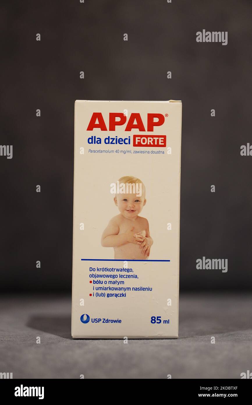 A vertical shot of a Polish Apap Forte painkiller syrup in a box for ...