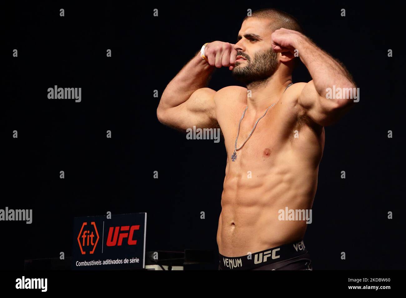 Andre Fialho of Portugal reacts on the scale during the UFC 275 Weigh ...
