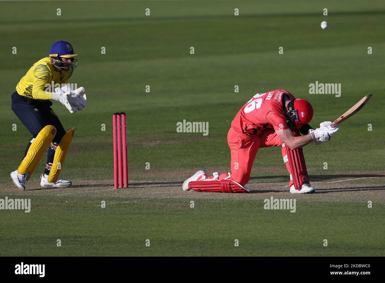 Lancashire's Luke Wells gives a catch to David Bedingham of the bowling ...
