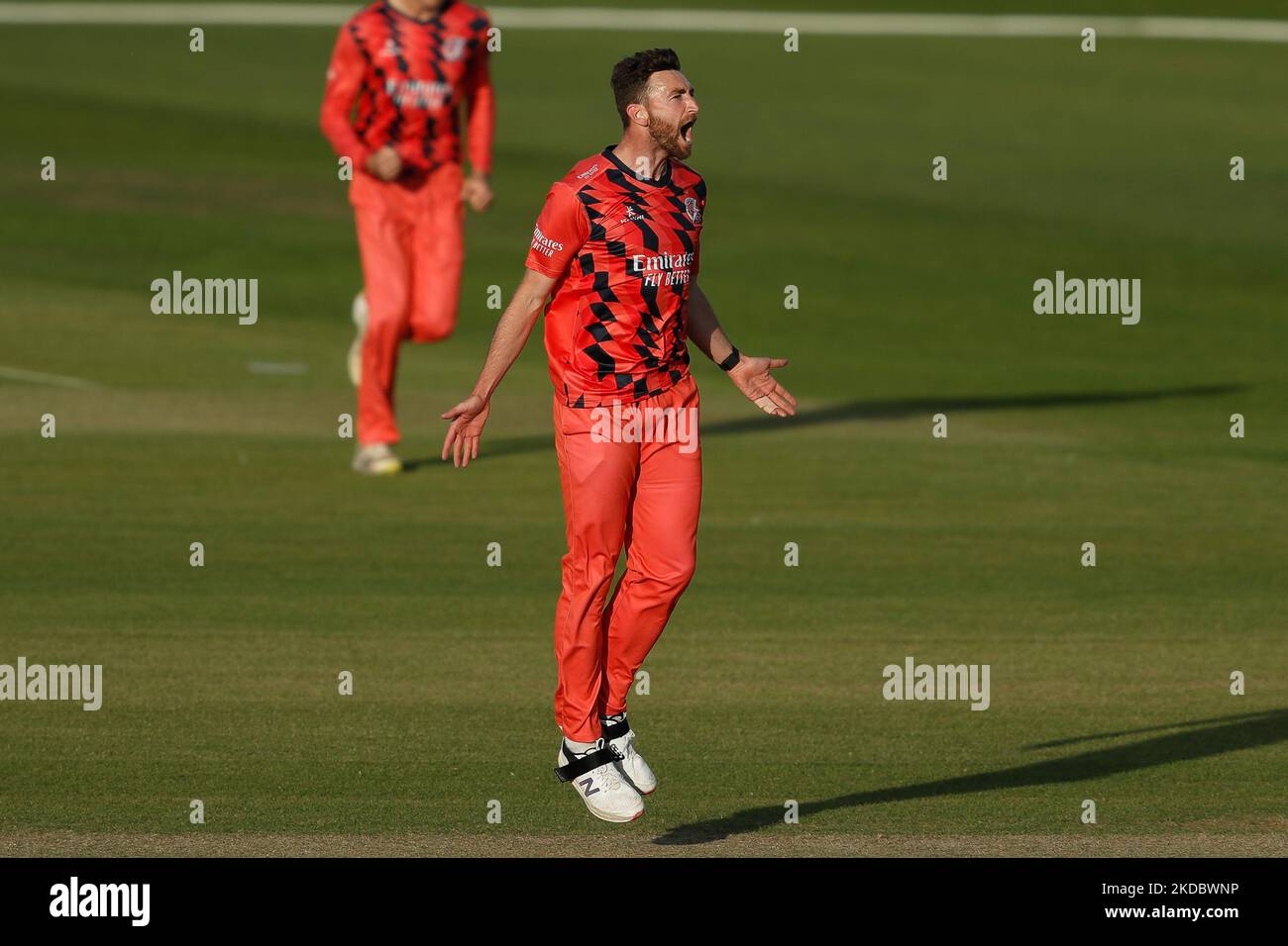 Richard Gleeson of Lancashire Lightning celebrates the wicket of David ...