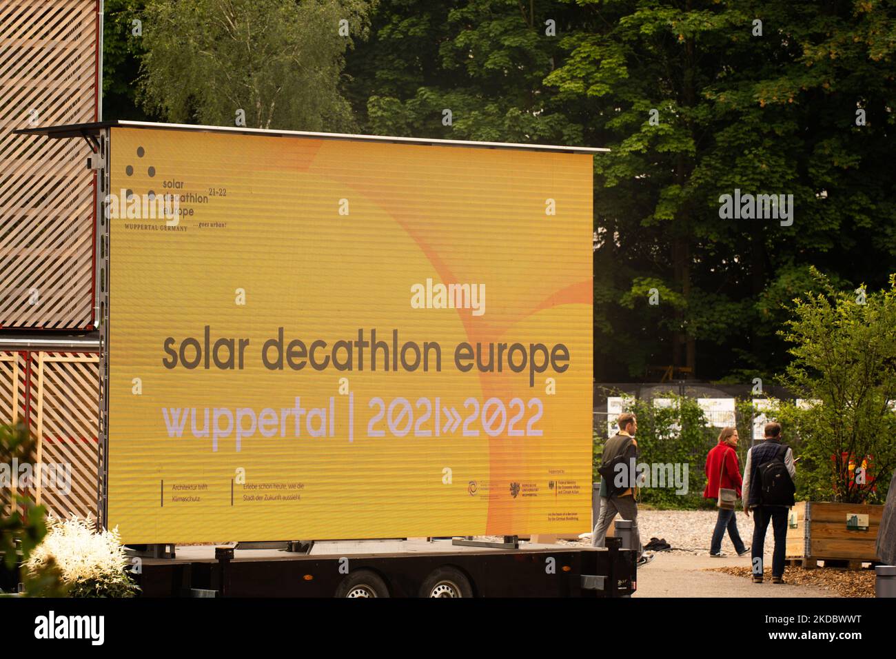 a big sign of Solar decathlon Europe is seen at the entrance during ...