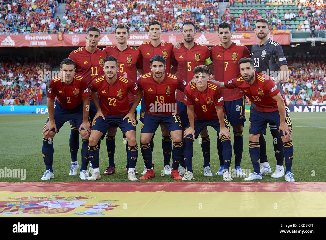 Spain line up (L-R) Ferran Torres (FC Barcelona), Diego Llorente (Leeds ...