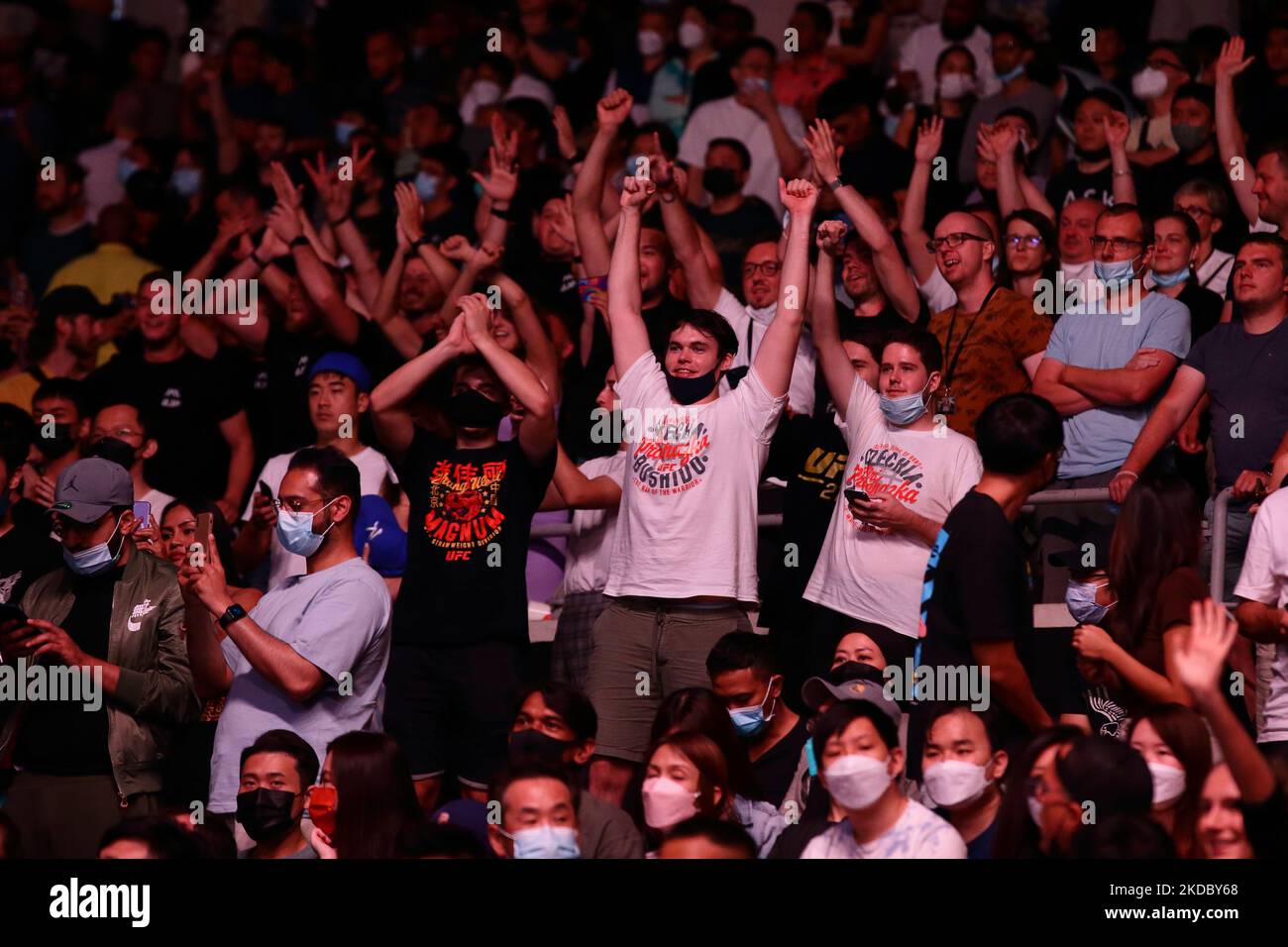 Fans cheer during the UFC 275 event at Singapore Indoor Stadium on June ...