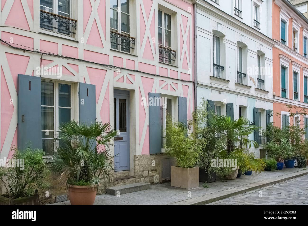 Paris, colorful houses rue Cremieux, typical street in the 12e ...