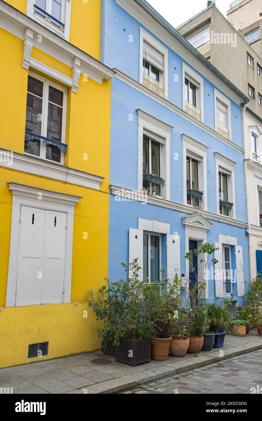 Paris, colorful houses rue Cremieux, typical street in the 12e ...