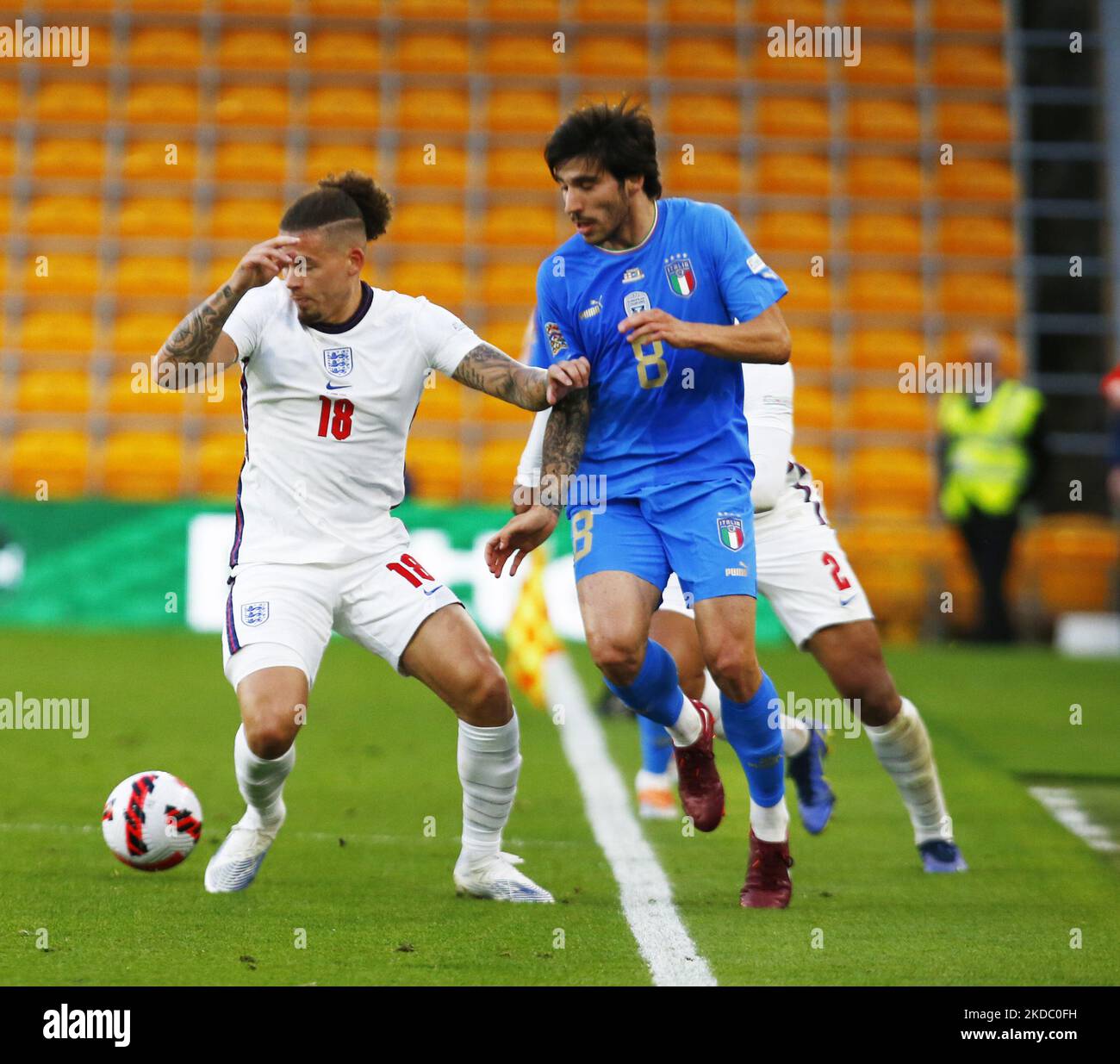 L-R Kalvin Phillips (Leeds) of England and Sandro Tonali of Italy ...
