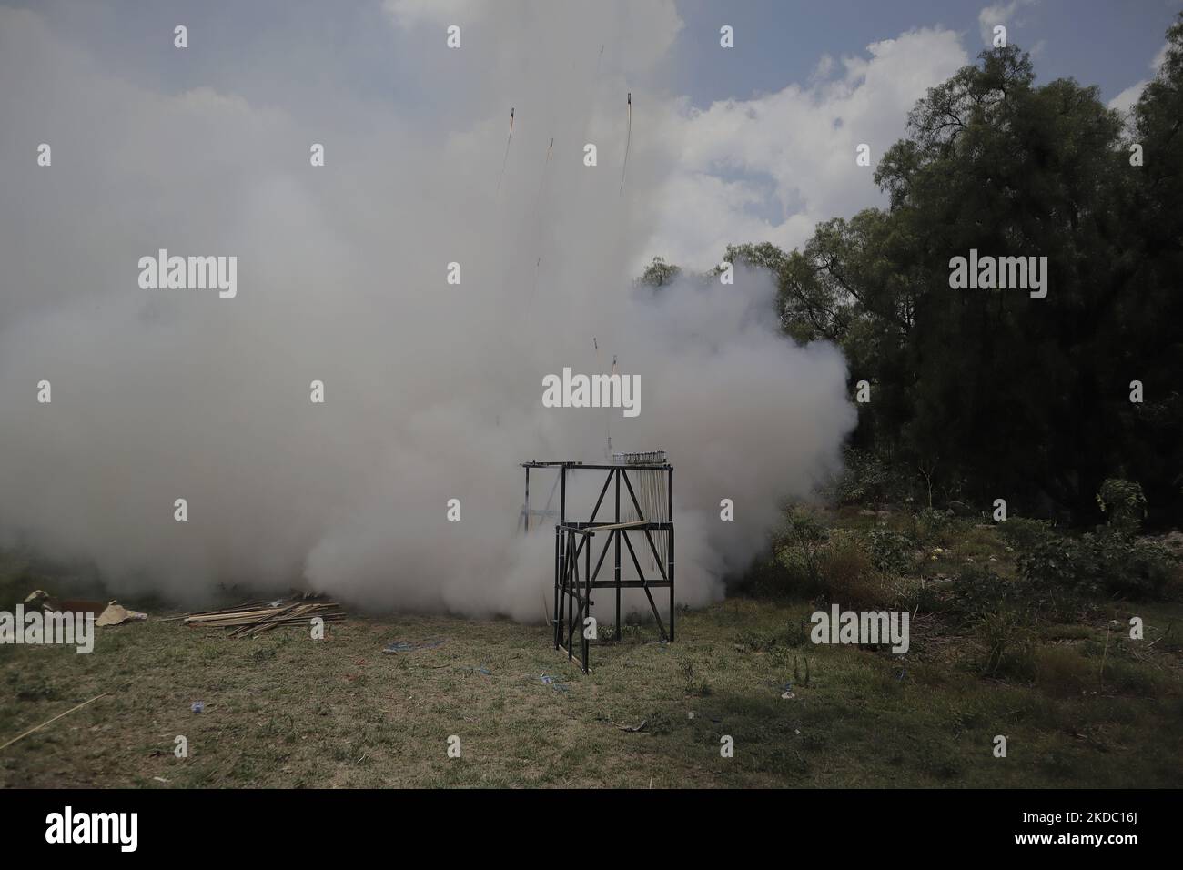 View of fireworks burning behind the Church of the Lord of Calvary in ...