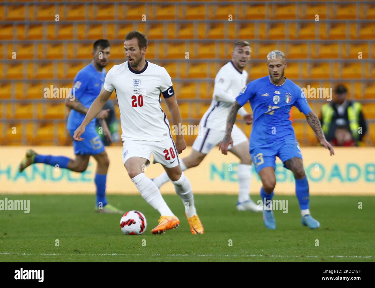 L-R Harry Kane (Tottenham) of England and Federico Dimarco of Italy ...