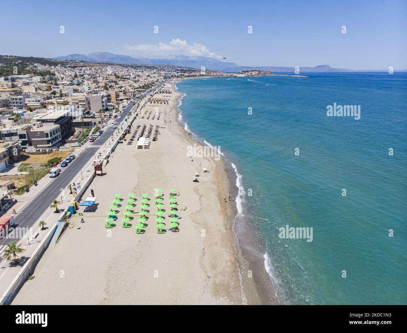 Aerial images from a drone of the coast of Rethymno town with the long ...