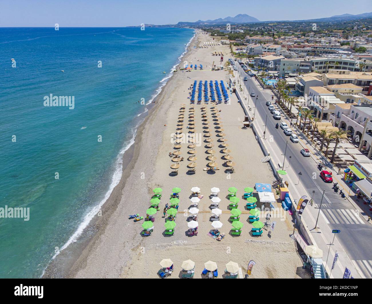 Aerial images from a drone of the coast of Rethymno town with the long ...