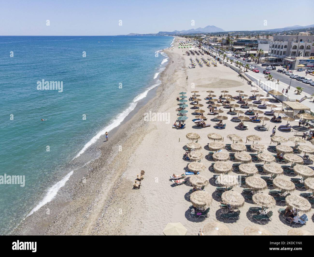 Aerial images from a drone of the coast of Rethymno town with the long ...