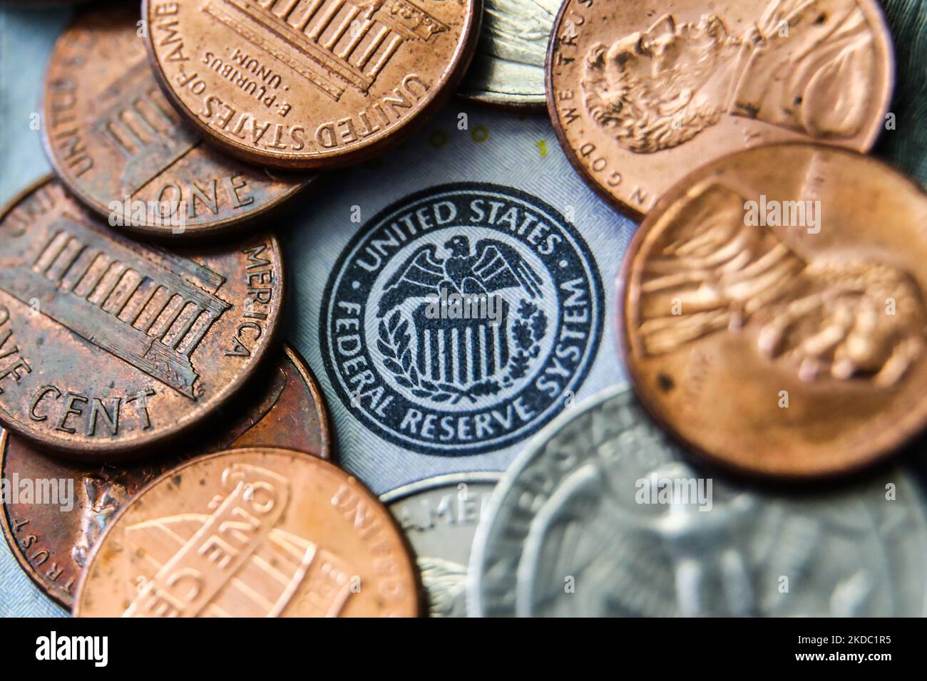 Seal of the United States Federal Reserve System on a banknote is seen ...