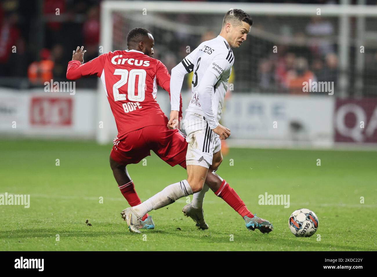 Standard's Merveille Bope Bokadi and Eupen's Stef Peeters fight for the ...