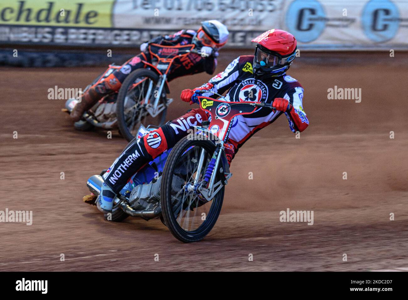 Matej Zagar (Red) leads Luke Becker (White) during the SGB Premiership ...