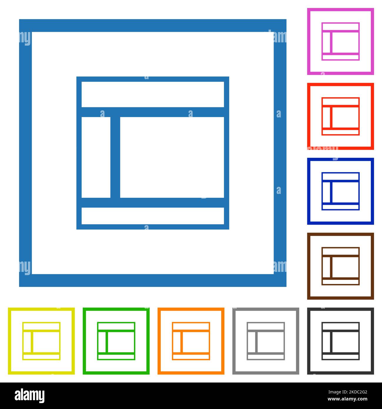 Two columned web layout outline flat color icons in square frames on white background Stock ...