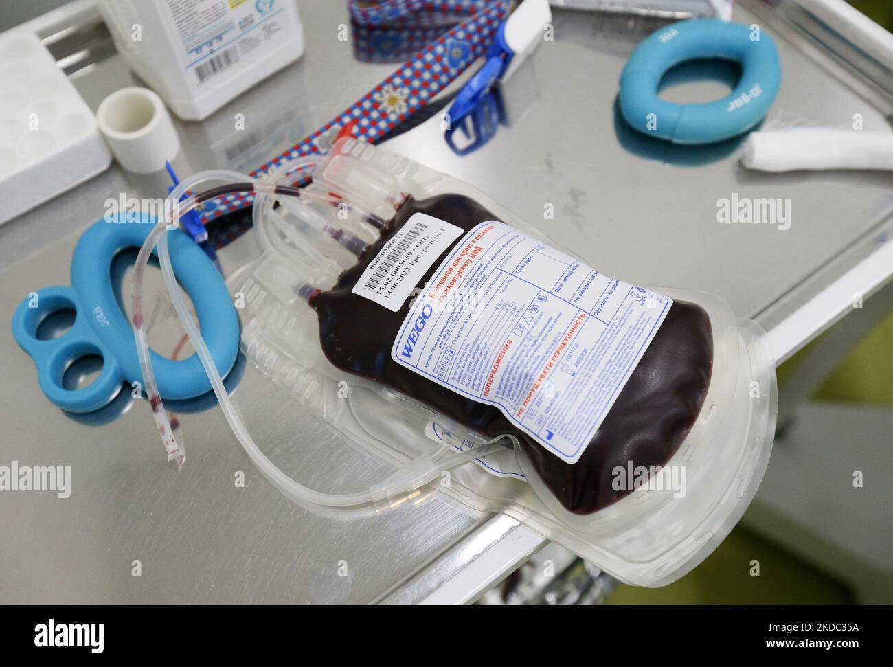 A blood container is seen during the World Blood Donor Day (WBDD), at a ...