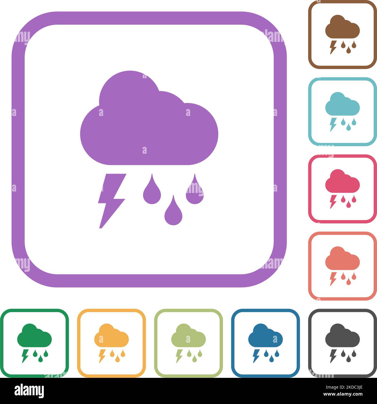 Stormy weather simple icons in color rounded square frames on white ...