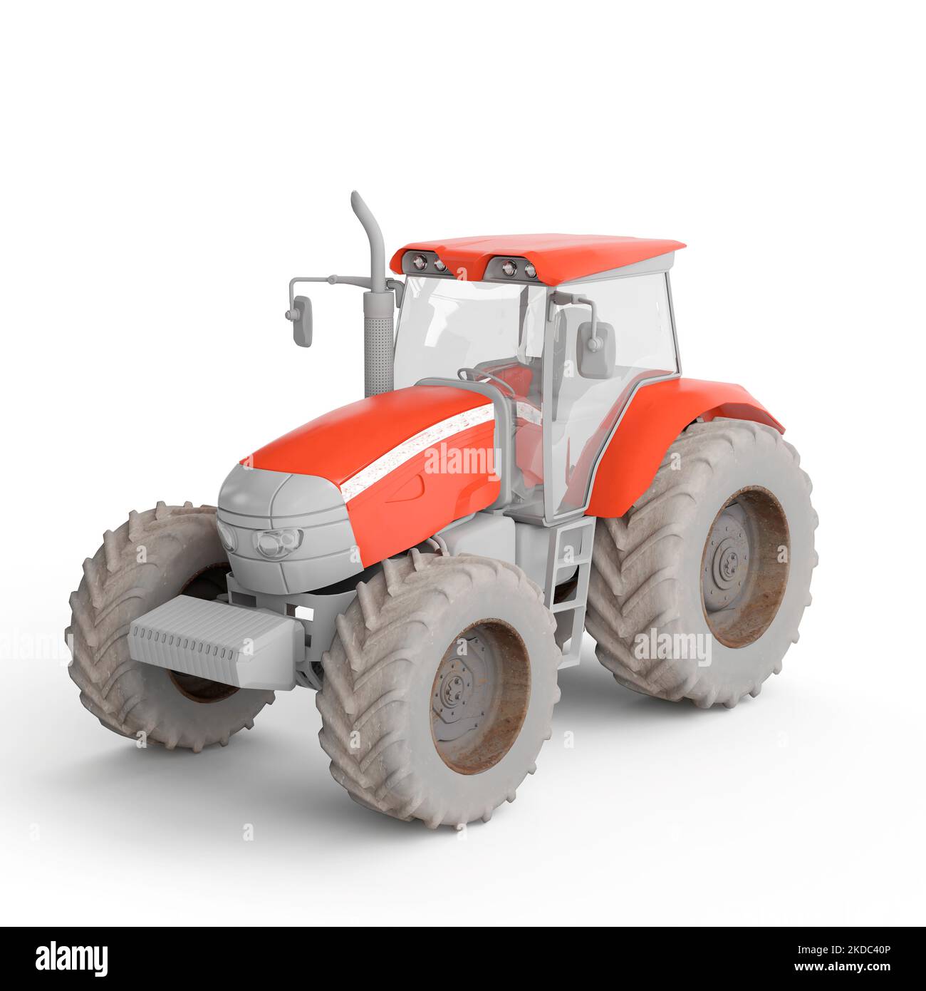 A 3D rendering of a red agricultural wheel tractor isolated on white ...