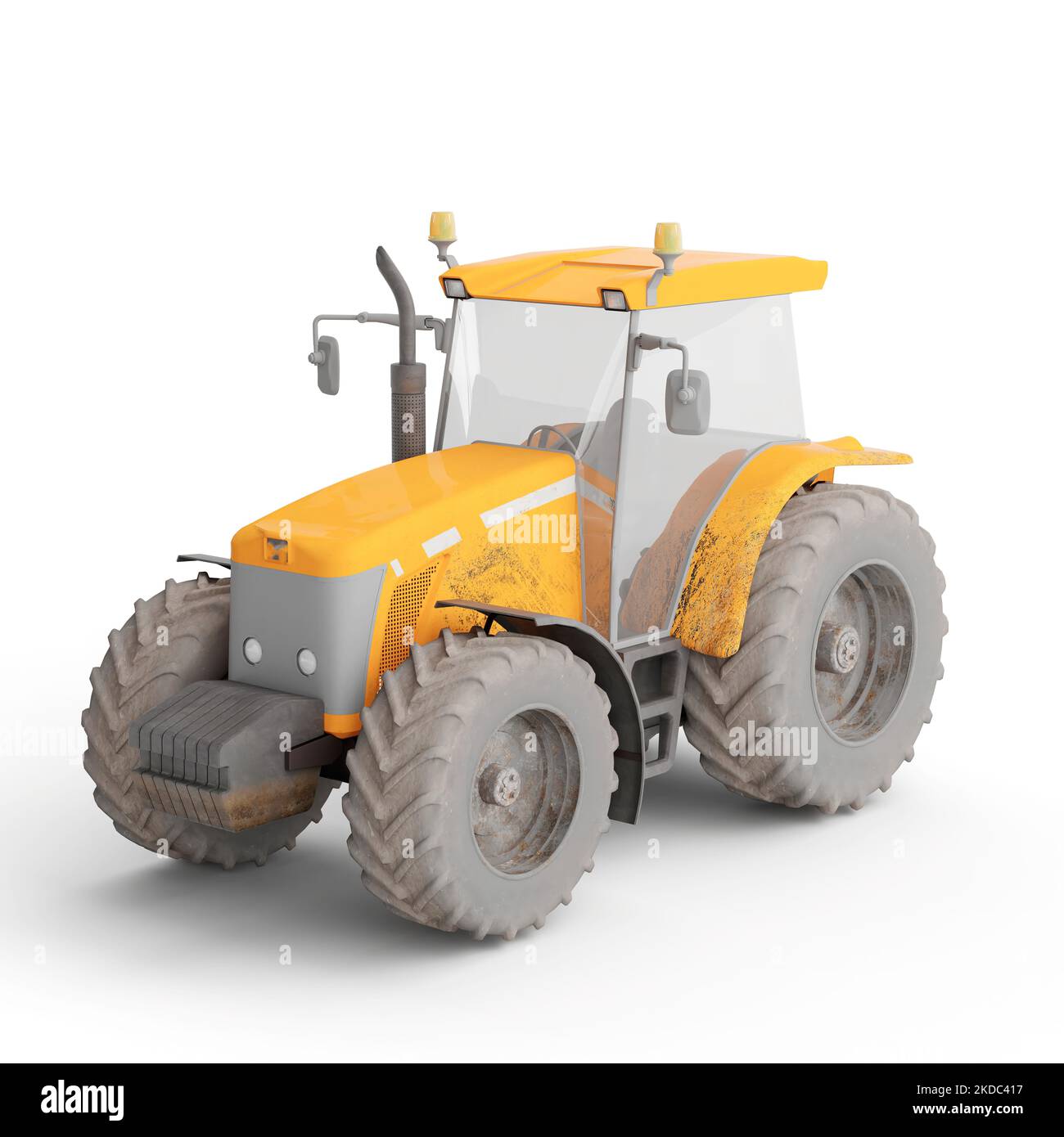 A 3D rendering of a yellow agricultural wheel tractor isolated on white ...