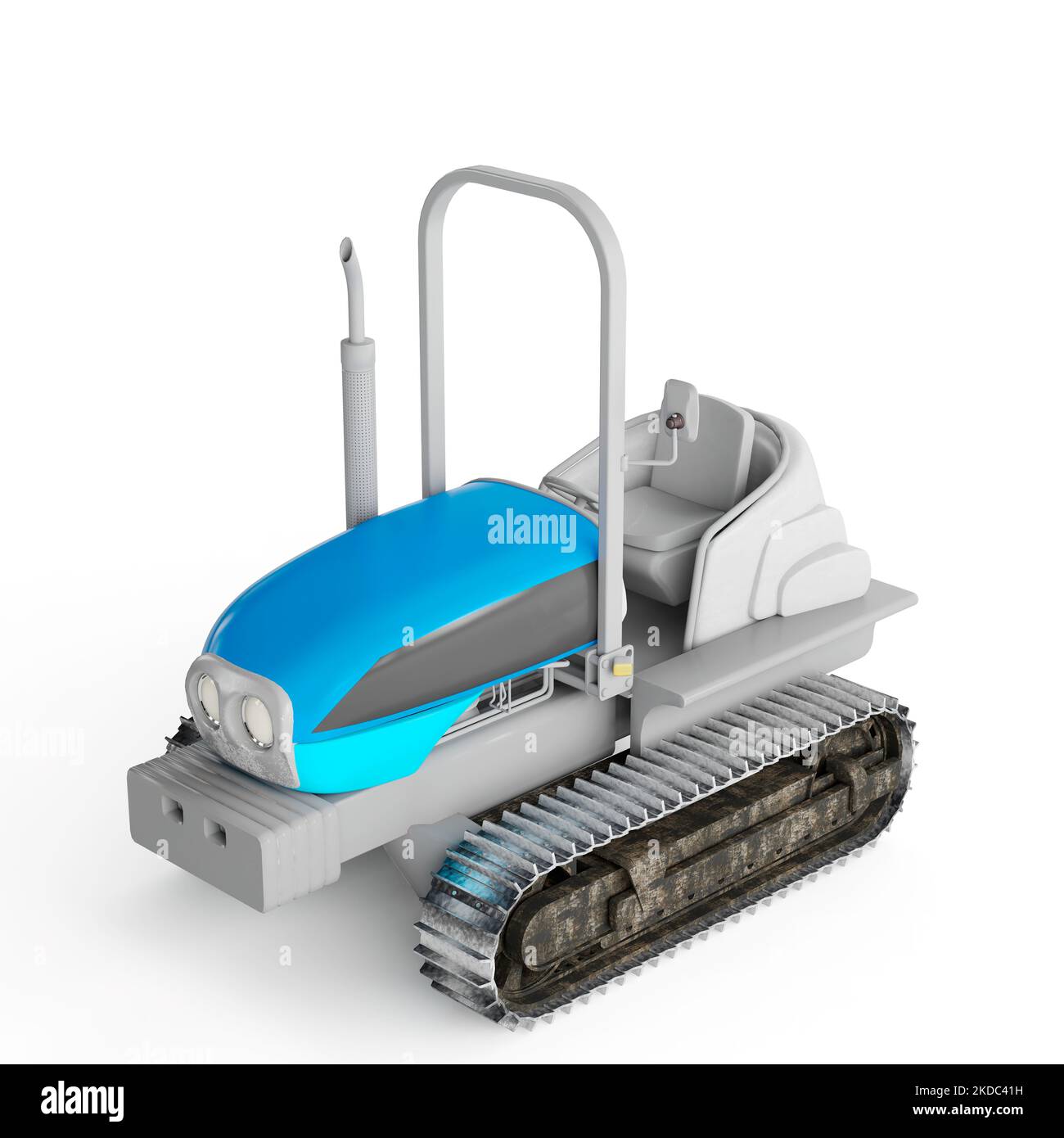 A 3D rendering of a small tracked tractor in blue color isolated on ...