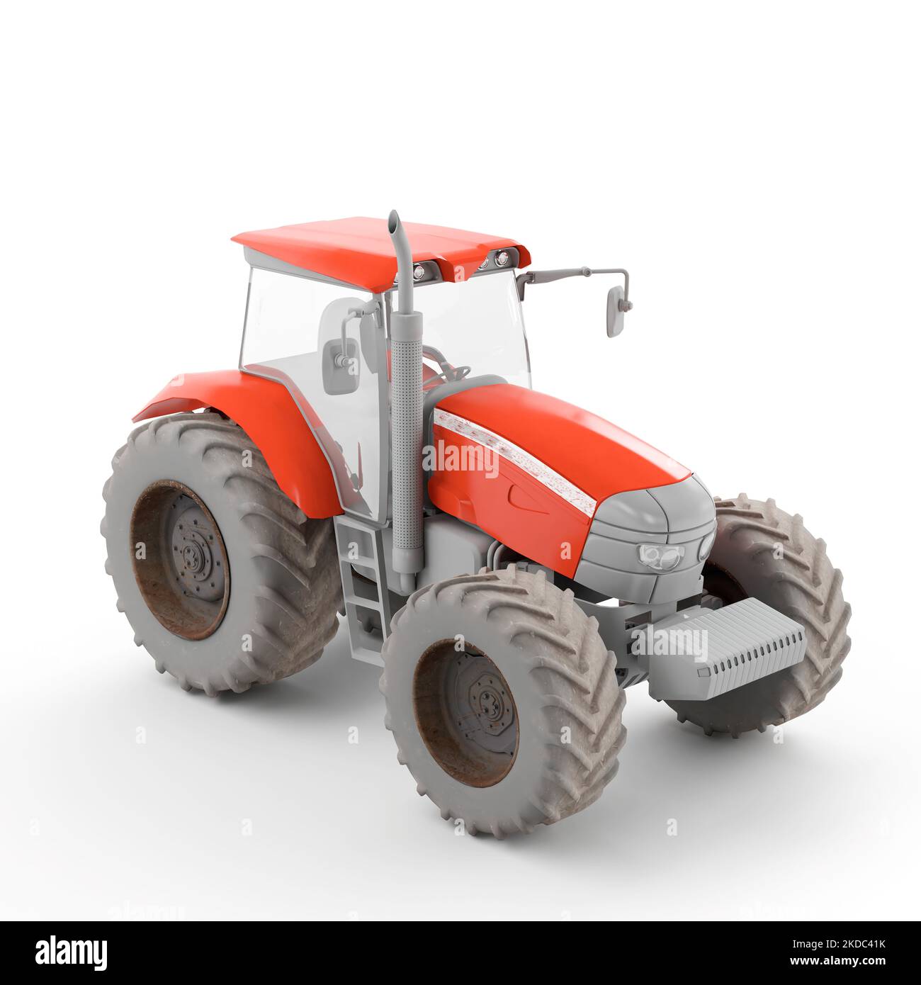 A 3D rendering of a red agricultural wheel tractor isolated on white ...