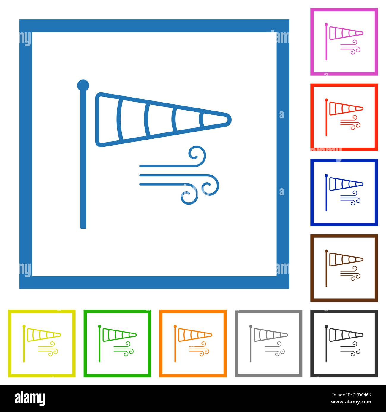 Windsock indicator with wind outline flat color icons in square frames ...