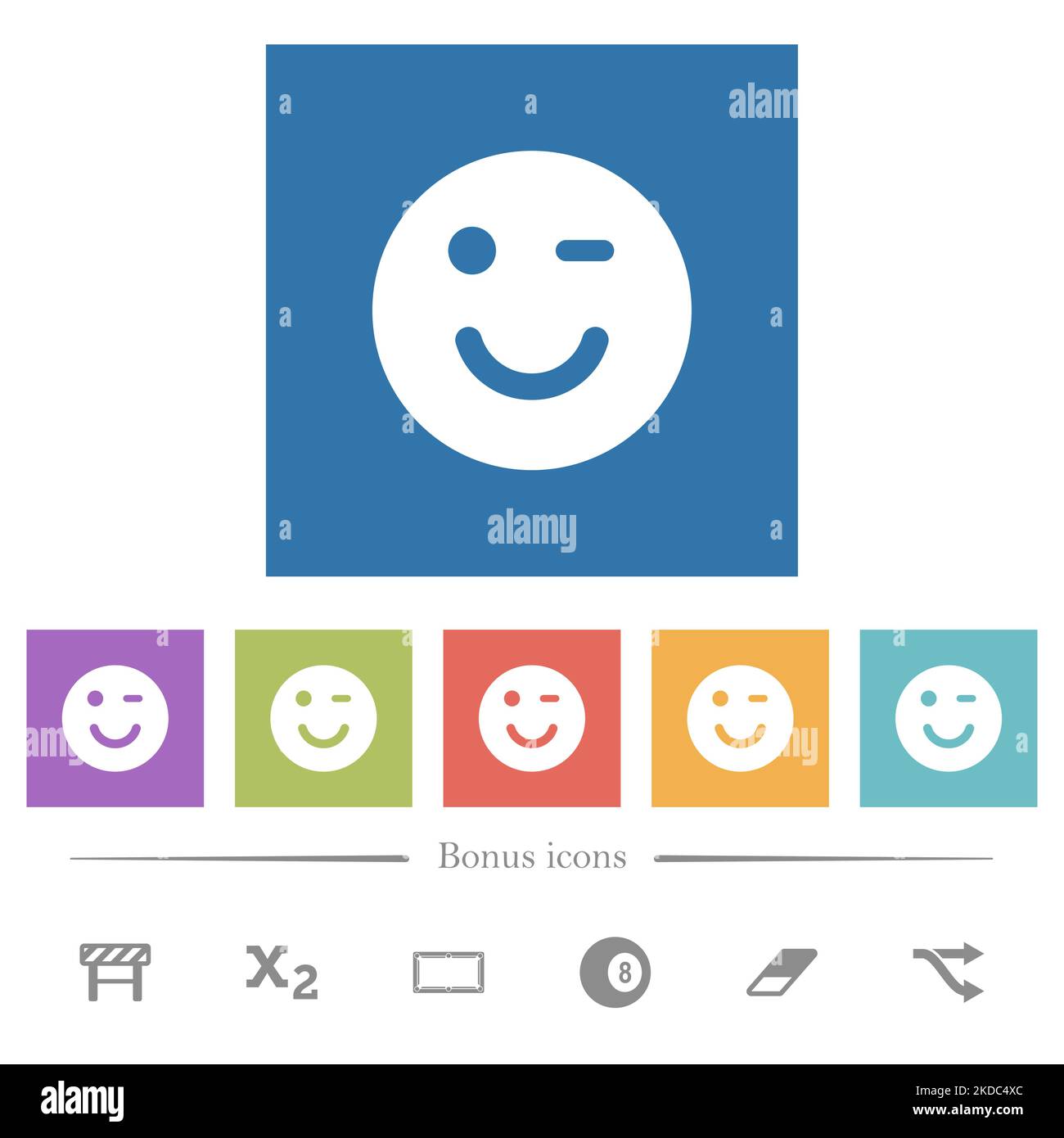 Winking emoticon solid flat white icons in square backgrounds. 6 bonus ...