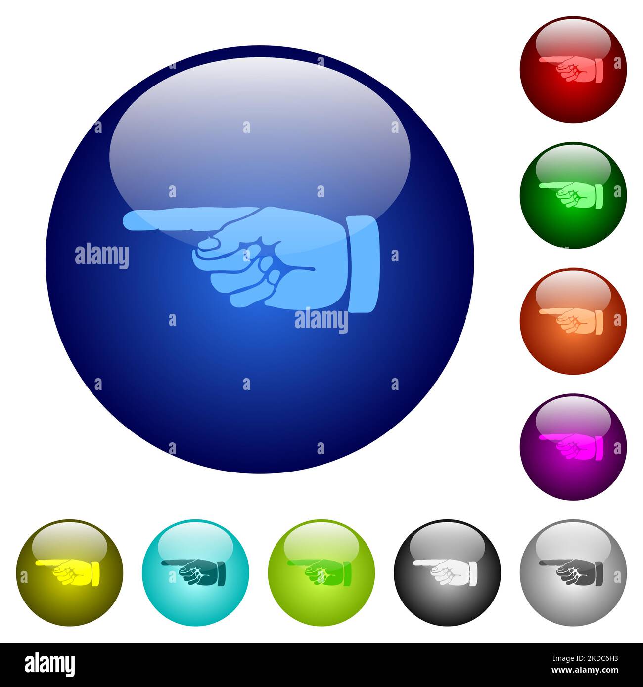 Left Pointing Hand Solid Drawing Icons On Round Glass Buttons In Multiple Colors Arranged Layer