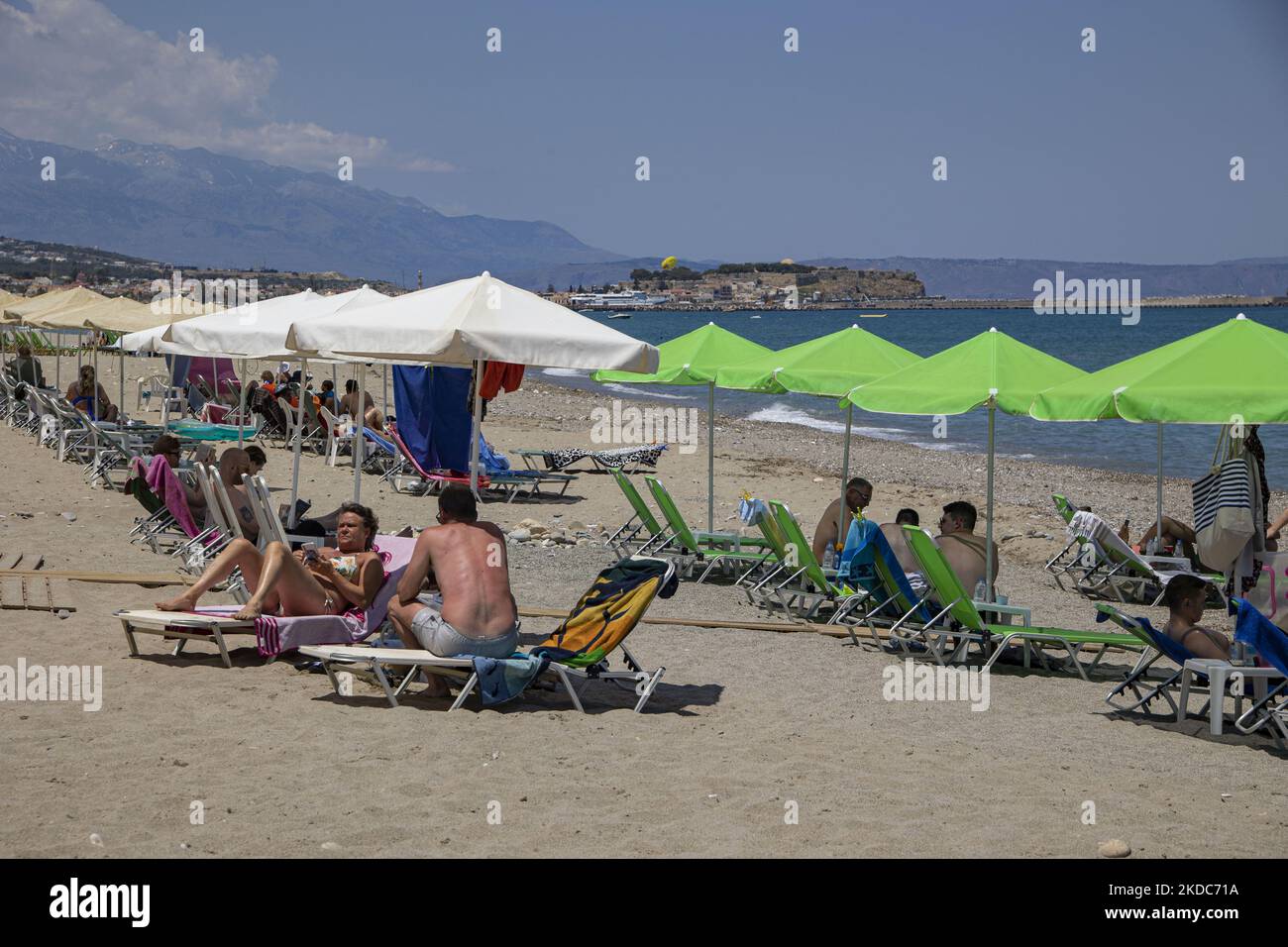 Tourism in Greece. The coast of Rethymno town with the long sandy beach ...