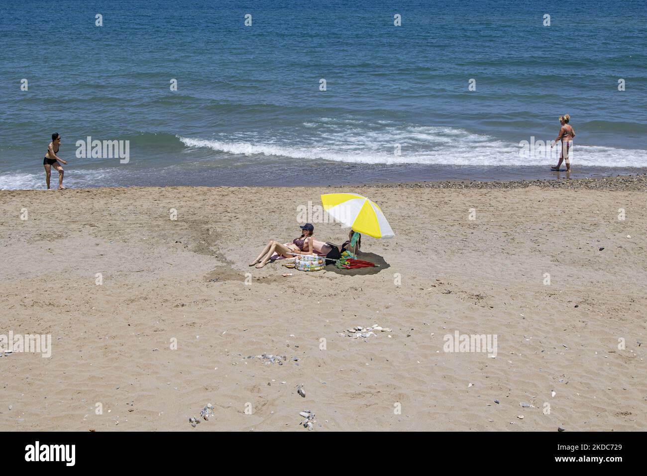 Tourism in Greece. The coast of Rethymno town with the long sandy beach ...
