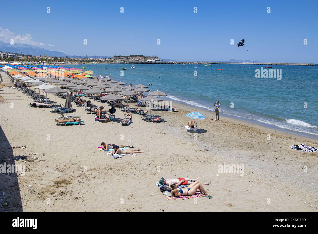 Tourism in Greece. The coast of Rethymno town with the long sandy beach ...