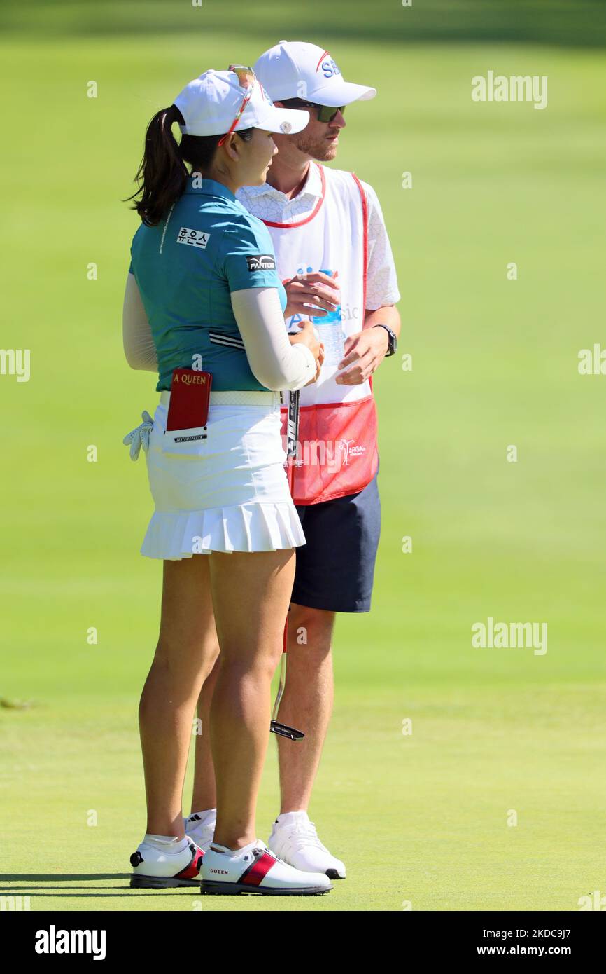 A Lim Kim of Kimpo, Republic of Korea talks with her caddie on the 3rd ...