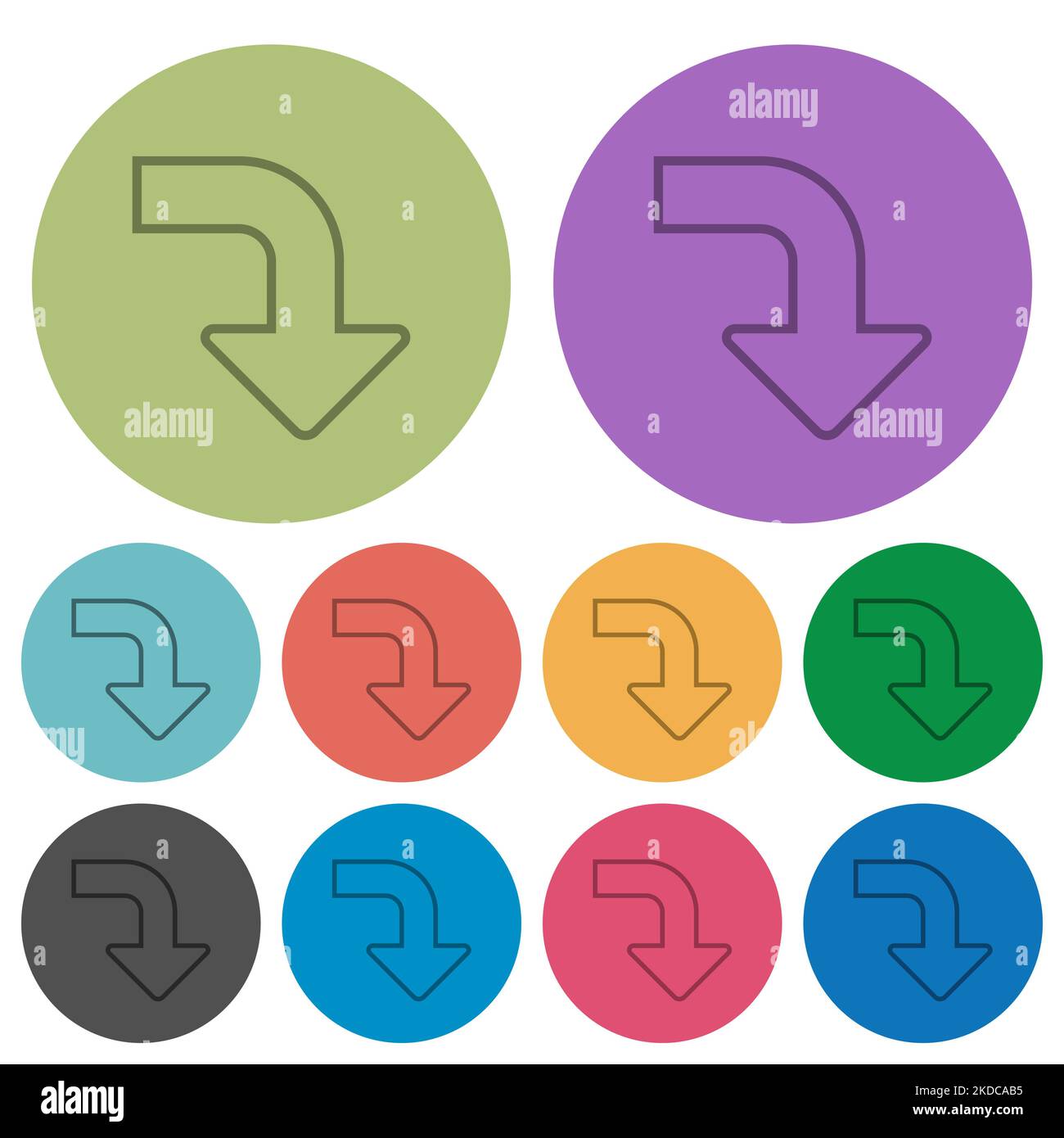 Right bottom side turn arrow outline darker flat icons on color round ...