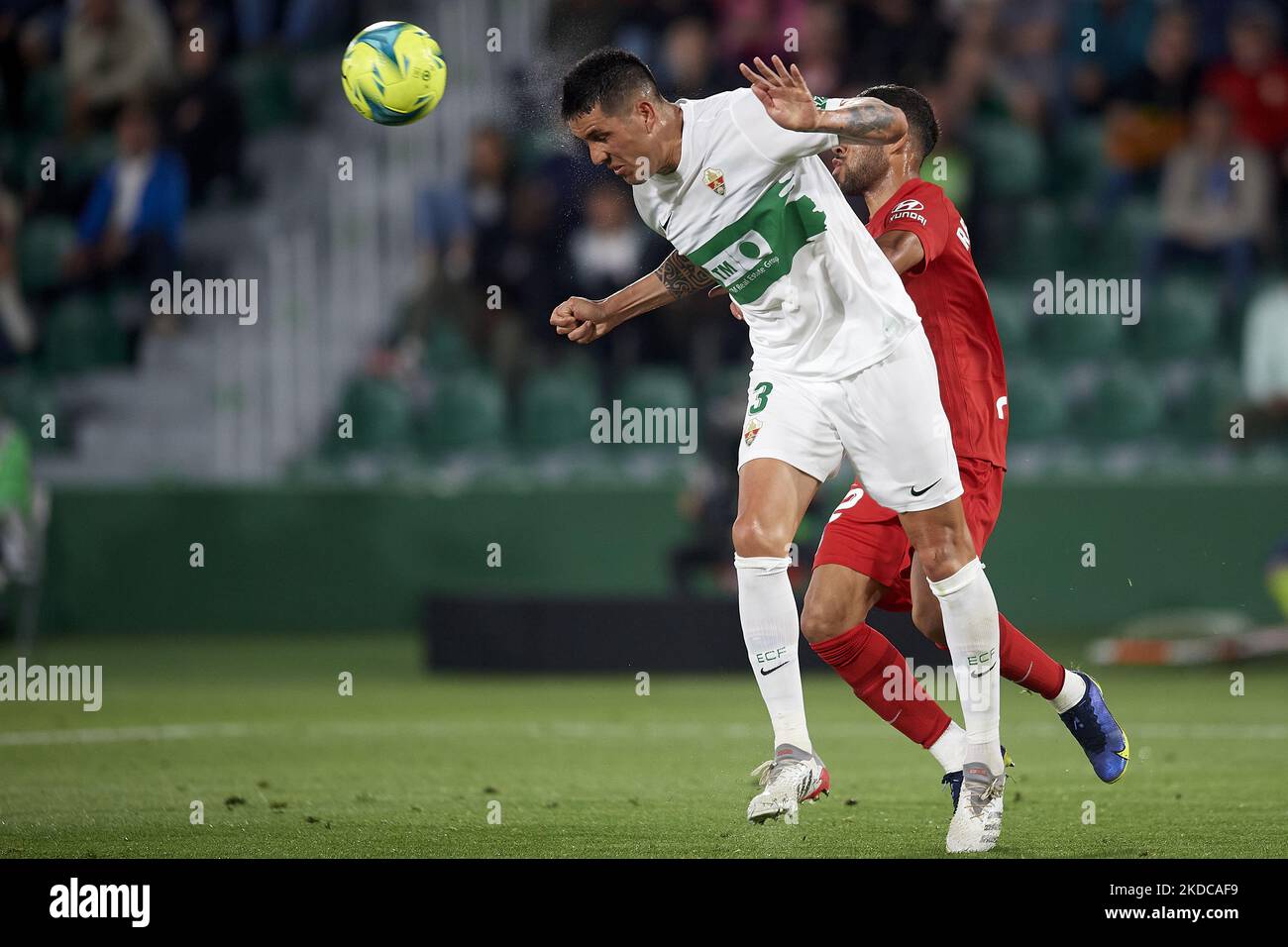 Enzo Roco of Elche in action during the La Liga Santader match between ...