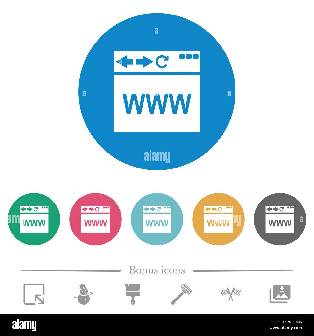 Browser webpage flat white icons on round color backgrounds. 6 bonus ...