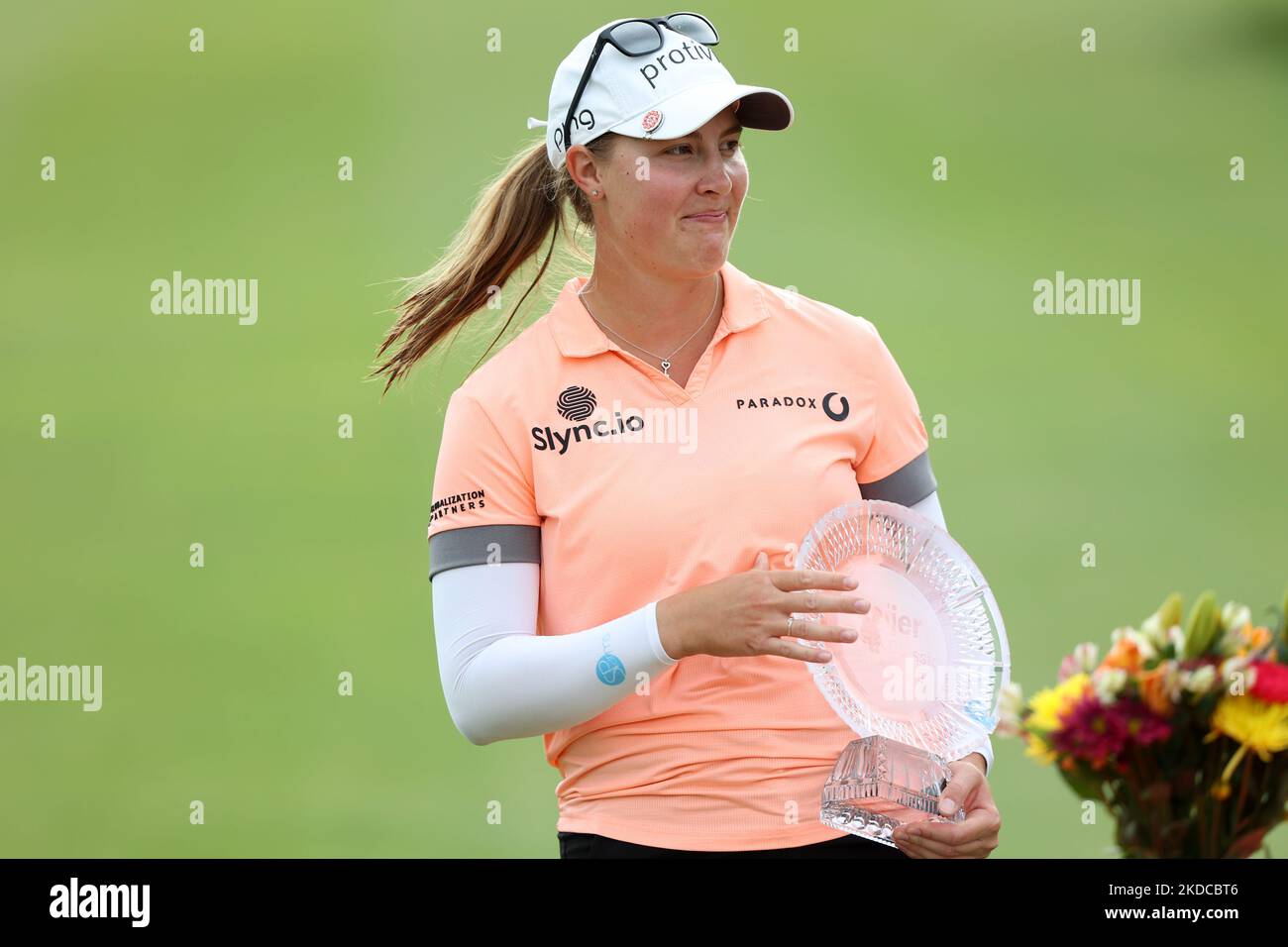 Jennifer Kupcho of the USA holds up the trophy after winning the Meijer ...