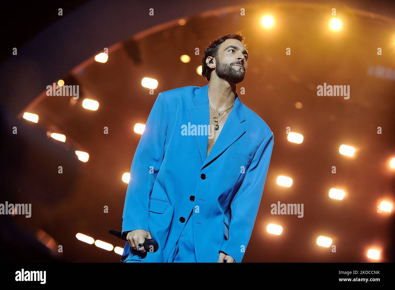 Marco Mengoni singing on the stage-milan san siro during the Italian ...