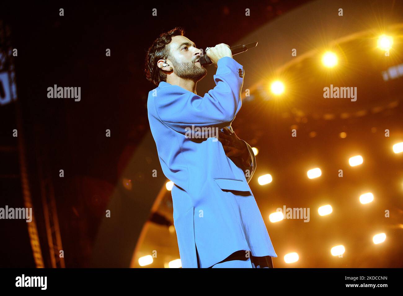 Marco Mengoni singing on the stage-milan san siro during the Italian ...
