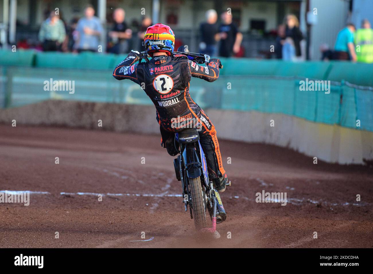 Steve Worrall wheelies after his heat win during the SGB Premiership ...