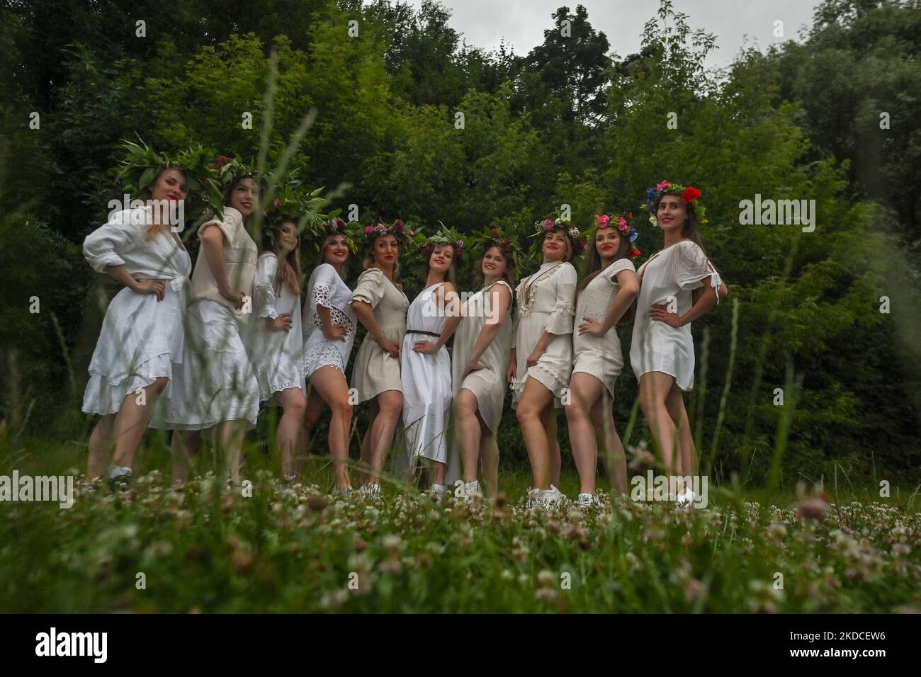 A group of young women, from Slavica Dance Group, in a flower wreaths ...
