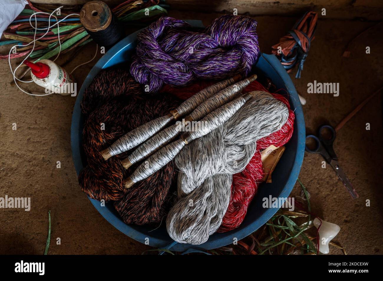 Yarns are seen at the traditional weaving workshop at Troso village in ...