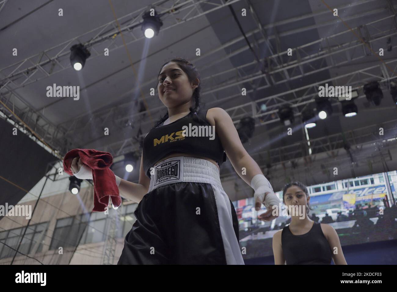 A woman prior to a women's boxing exhibition at the Tláhuac mayor's ...