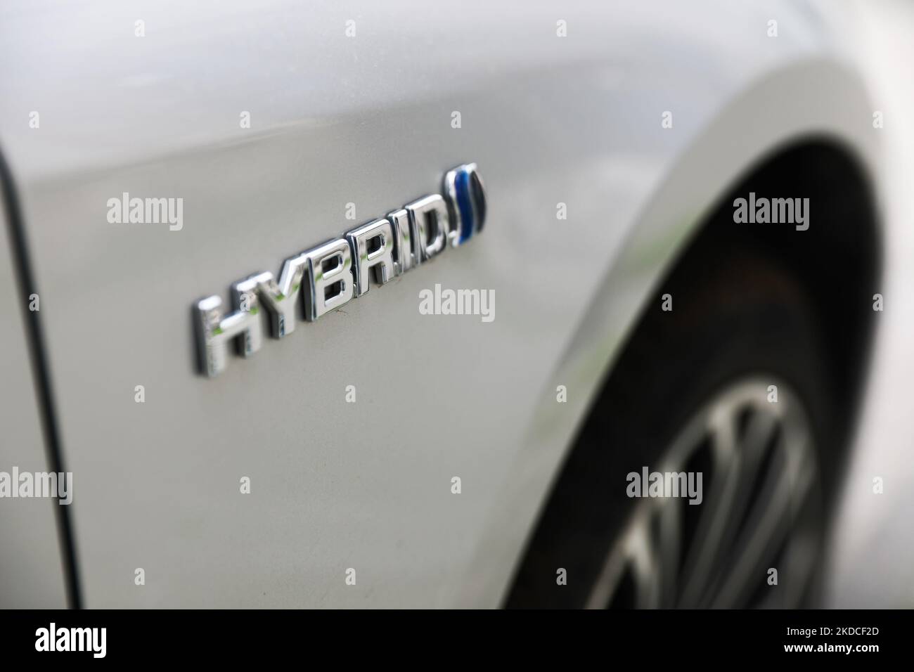 Toyota Hybrid logo is seen on a car in Krakow, Poland on June 21, 2022 ...