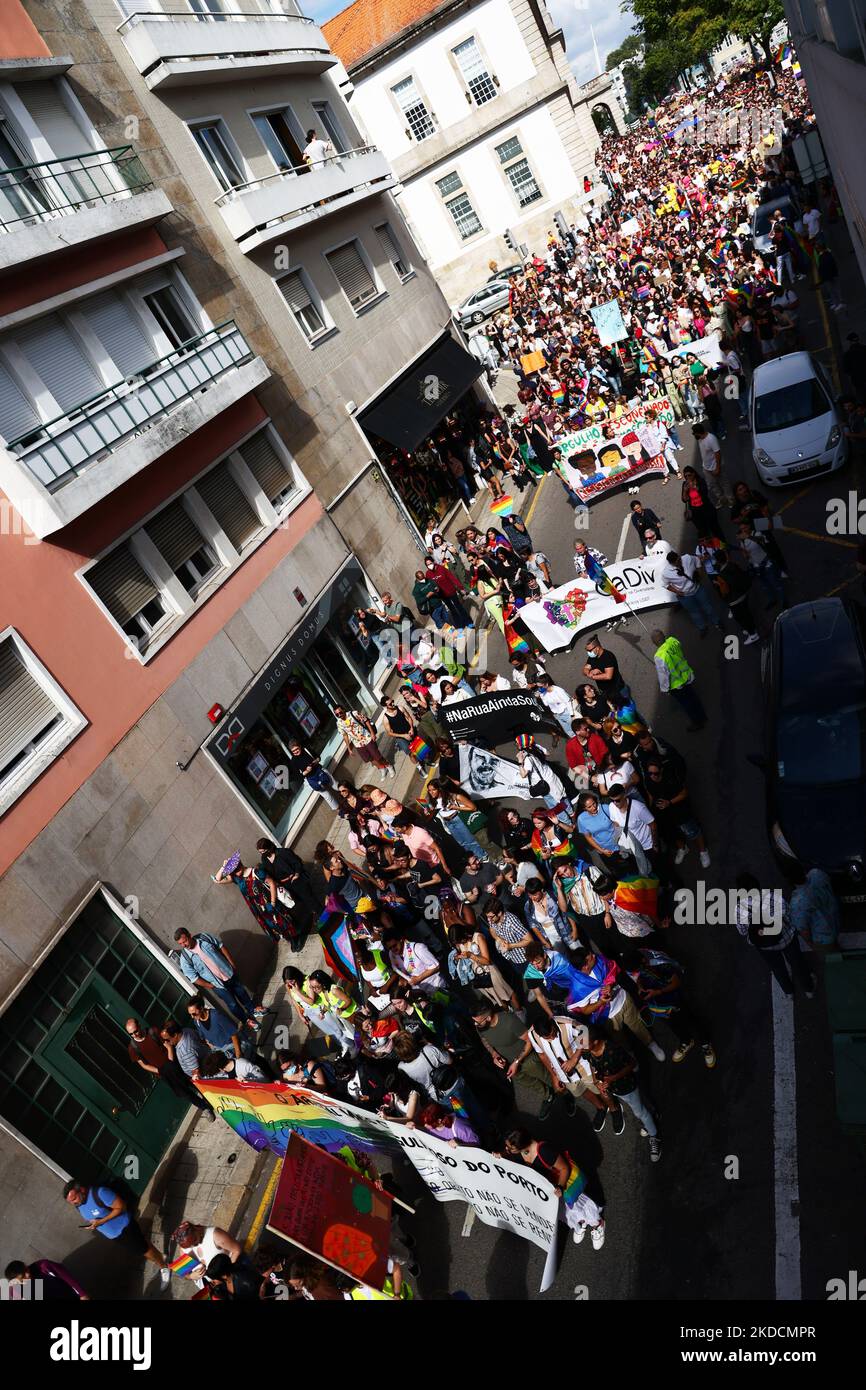 People attend the Marcha Do Orgulho LGBTI+ (Pride March) 2022 in Porto ...