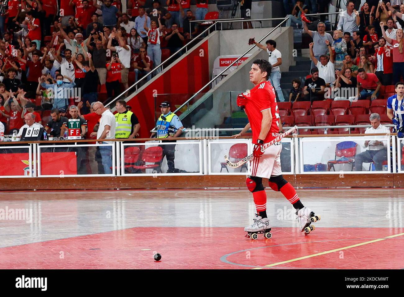 Carlos Nicolia of SL Benfica celebrates during the Rink Hockey playoffs ...