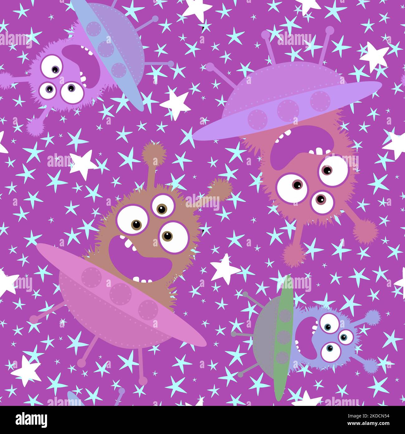 Cartoon aliens monsters seamless spaceship and stars pattern for ...