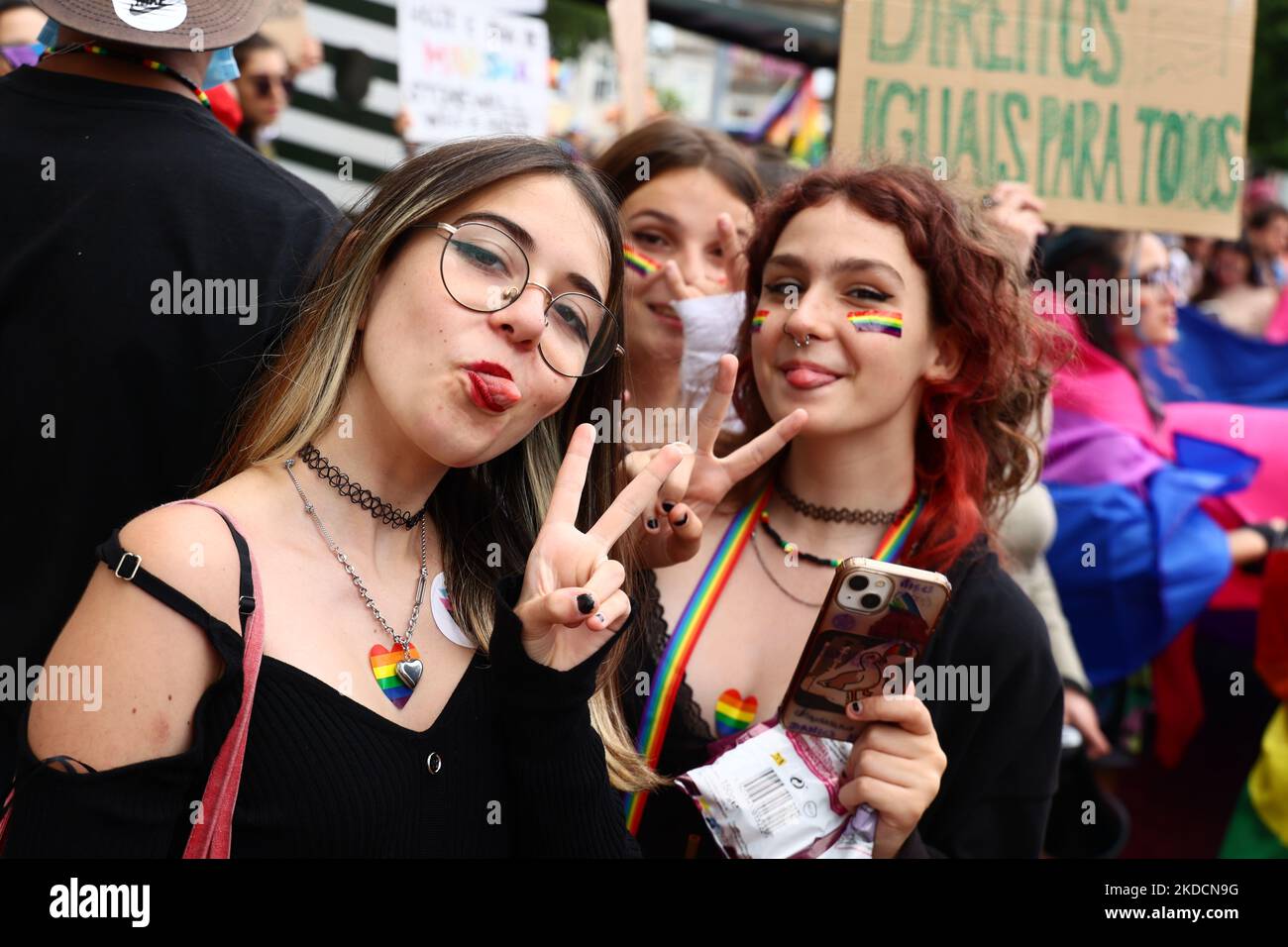People attend the Marcha Do Orgulho LGBTI+ (Pride March) 2022 in Porto ...