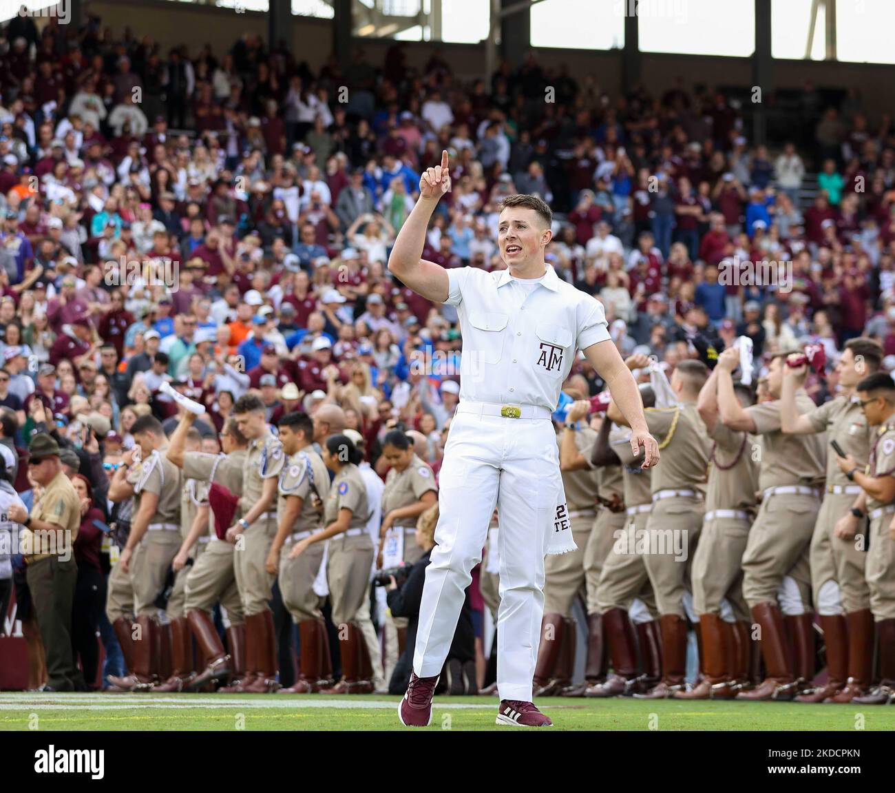 November 5, 2022: A Texas A&M yell leader leads the home crowd in a ...